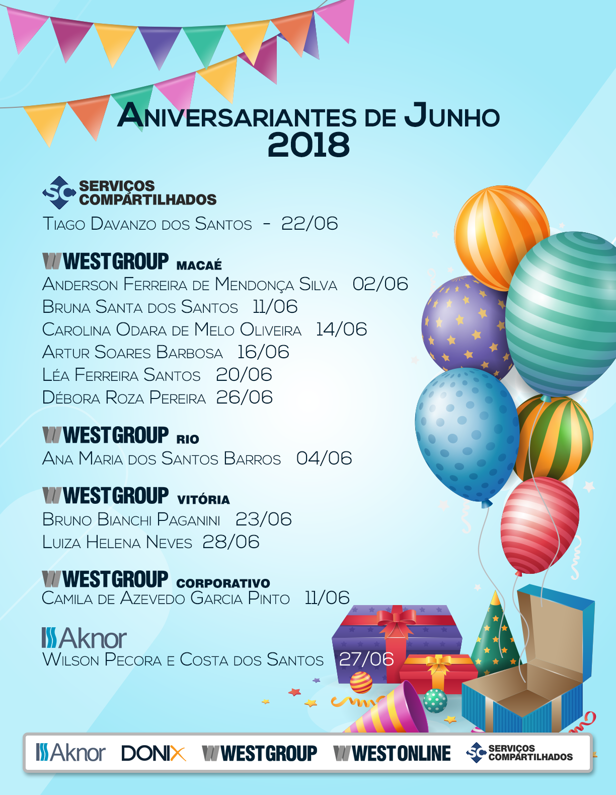 Aniversariantes do Mês – Junho 2018 – Intranet